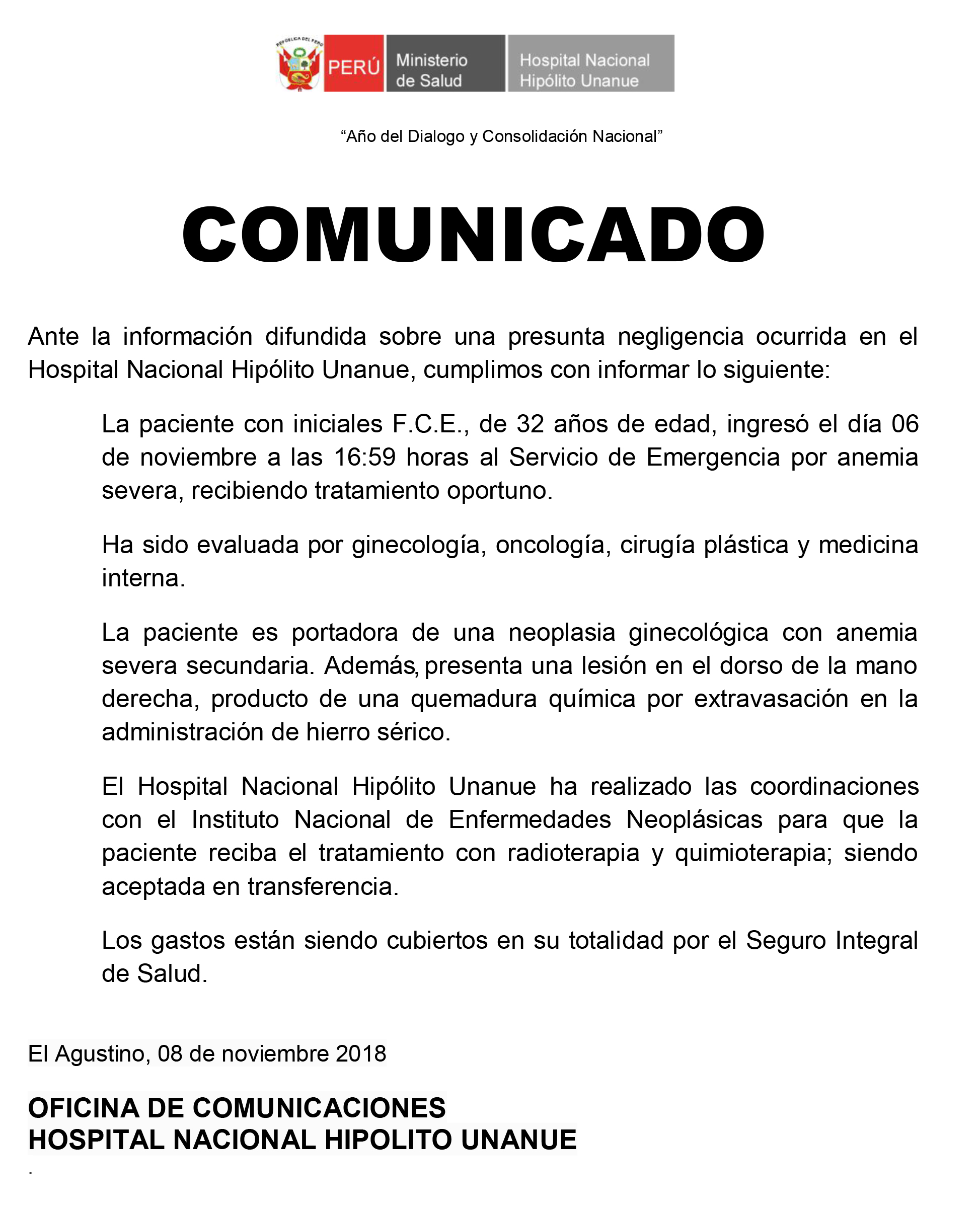 COMUNICADO CASO CONTRERAS - Hospital Nacional Hipólito Unanue