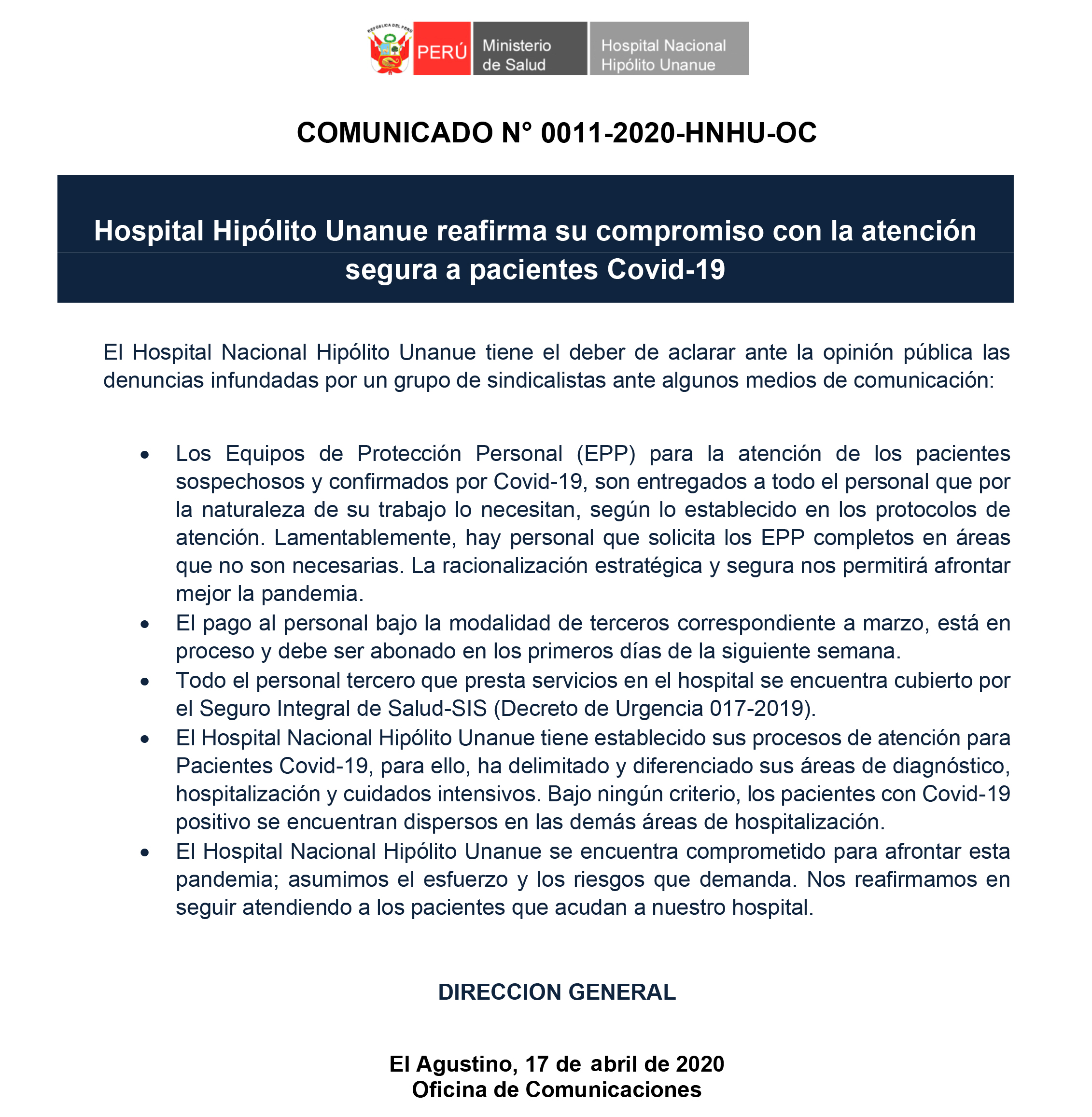 COMUNICADO 011-2020-HNHU-OC - Hospital Nacional Hipólito Unanue